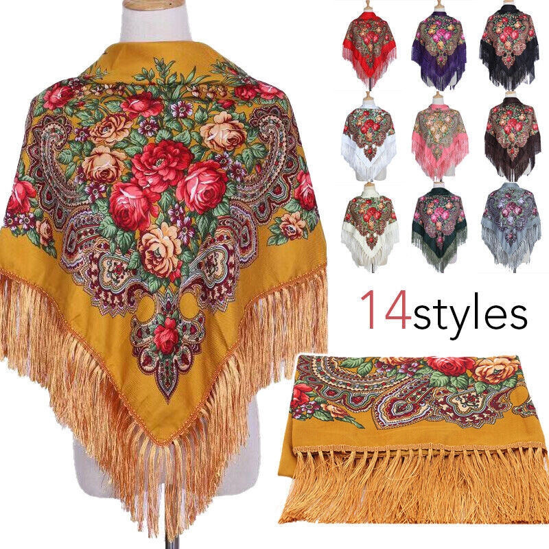Women Ethnic Style Shawl Print Square Scarf Cotton Scarf Retro Tassel ...