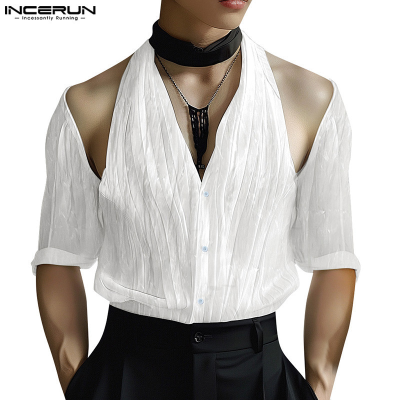 INCERUN men's pleated V-neck shoulder hollowed out mid sleeved shirt ...