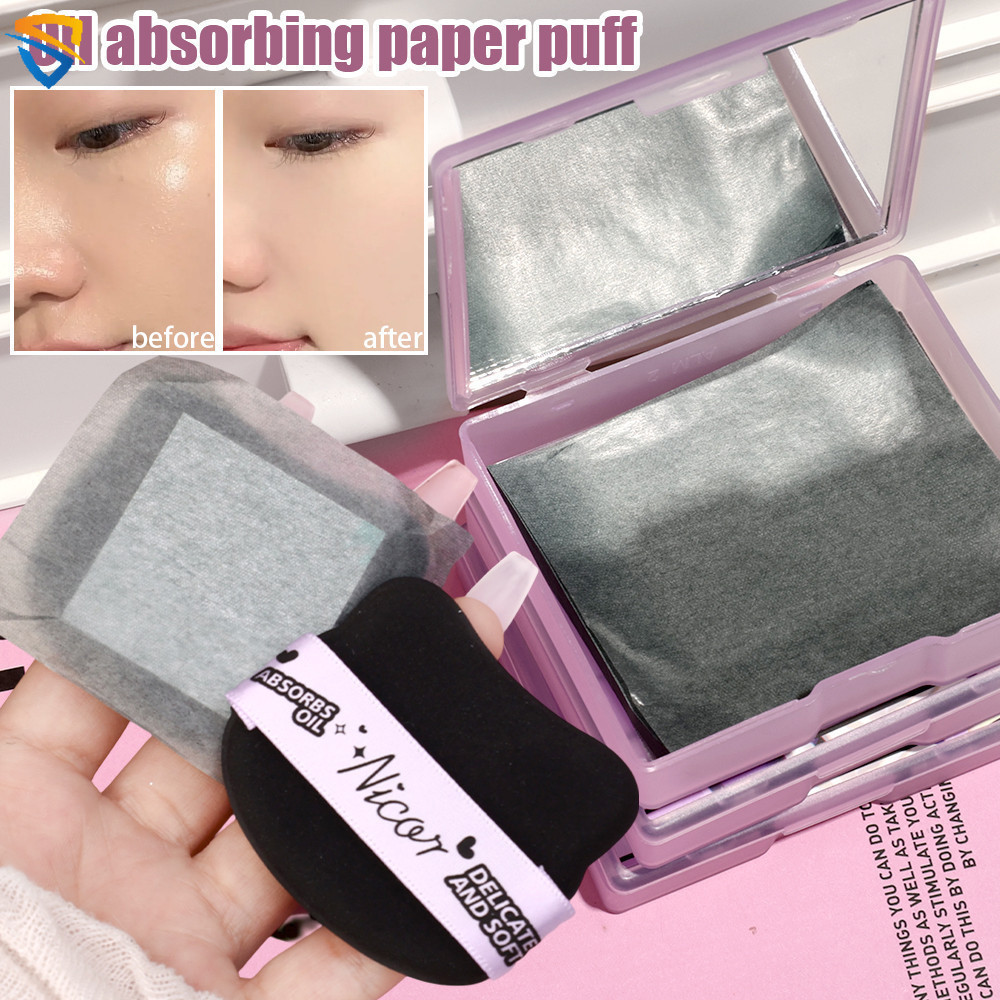 100Pcs Bamboo Charcoal Oil Blotting Papers with Mirror Puff Portables Oil Control Refreshing ...