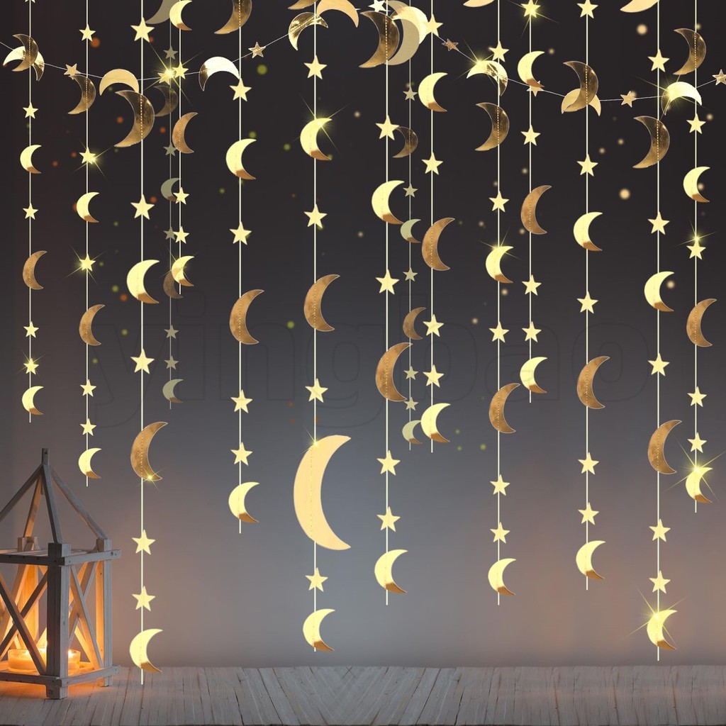 4M Gold Star Moon Garland Hanging Streamers Banner for Kids Birthday ...