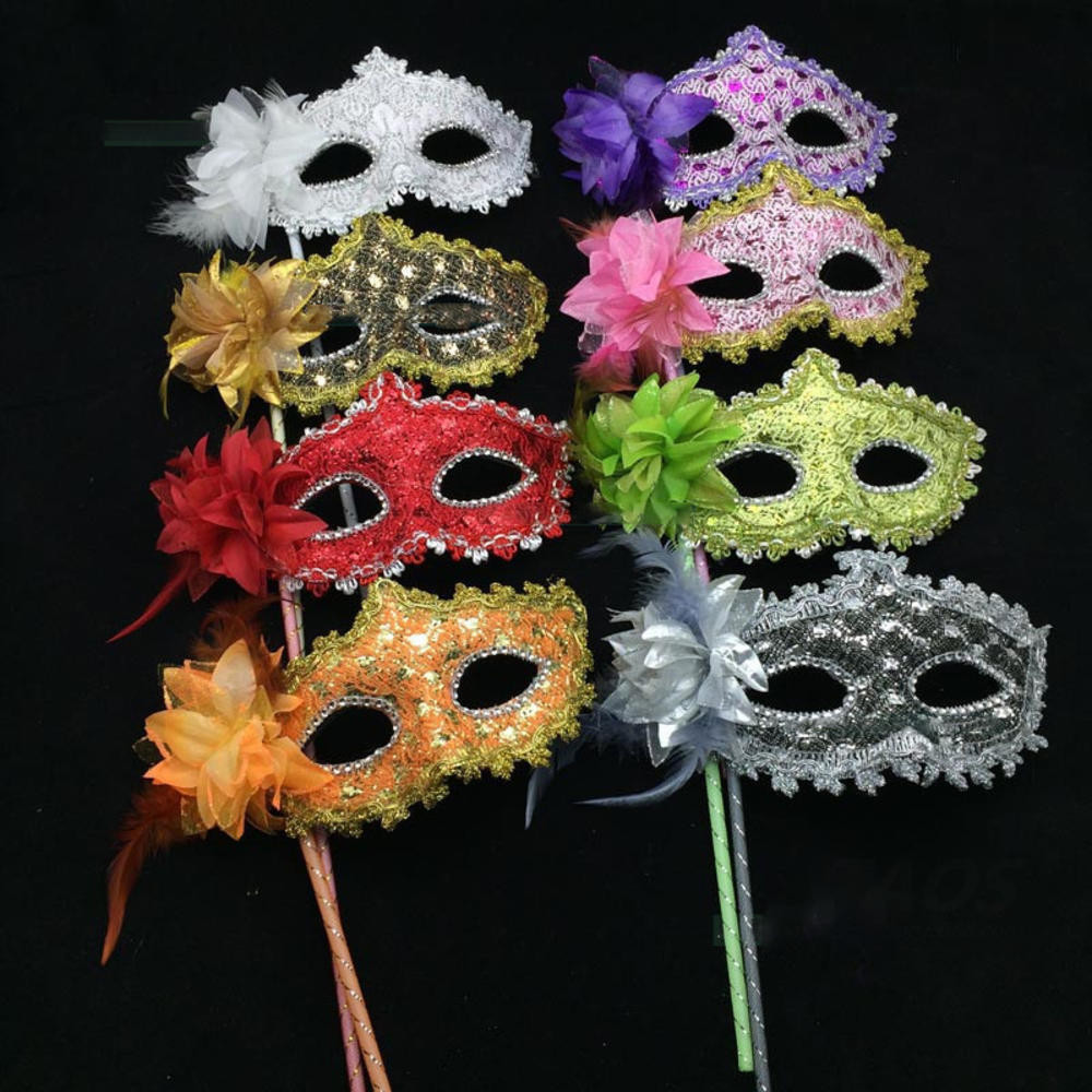 Fashion Venetian Masquerade Mask with Holding Stick for Women Feather ...