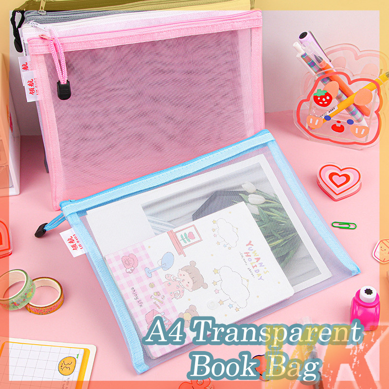 A4 File Bag Transparent Nylon Mesh Zipper Pouch Clear Document Bag Book ...
