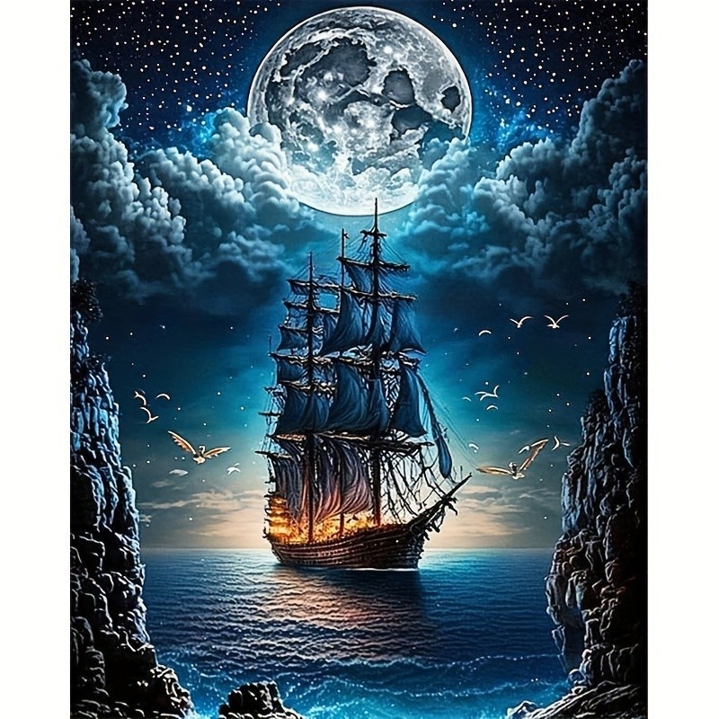 Frameless DIY 5D Diamond Painting Set Steamboat Moon Diamond Painting ...