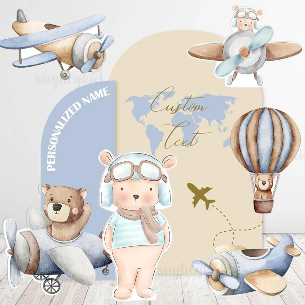 Personalized Aviator Theme Backdrop Cartoon Bear Plane Cutouts Baby ...