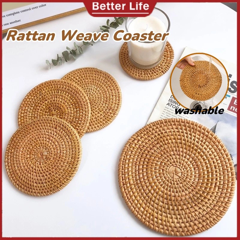 Rattan Round Table Mat Woven Placemat Retro Heat Insulation Tea Coaster ...