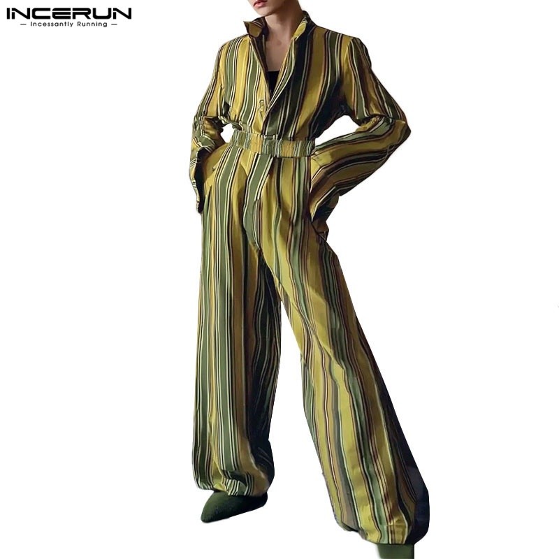 INCERUN Men Korean Street Style Stand Neck Stripe Collect Waist Wide ...