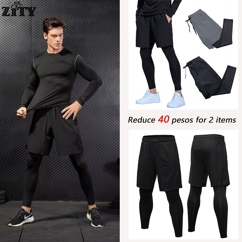 Men's 2-in-1 Elastic Fitness Pants Quick Dry Breathable Running Shorts ...