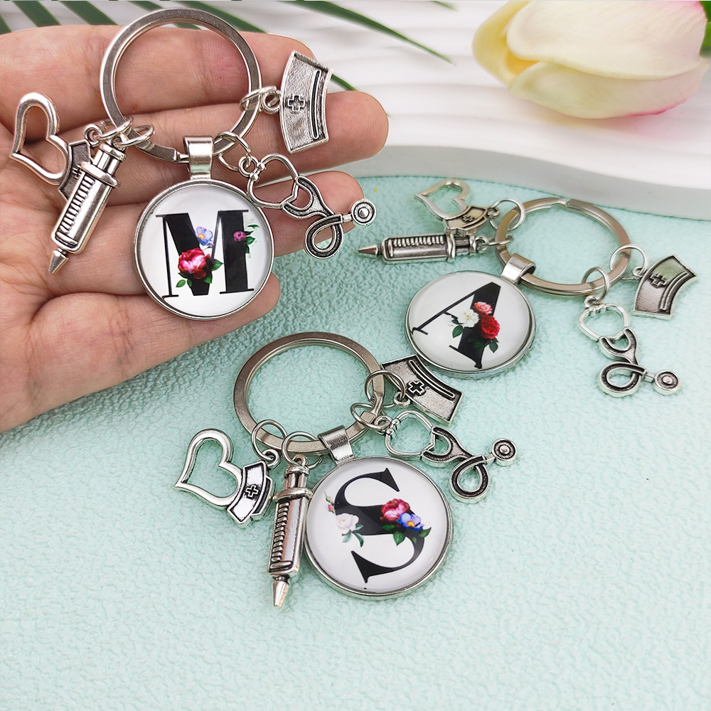 1Pcs Simple Glass 26 Letter Key Chains Fashion Medical Element Initials ...