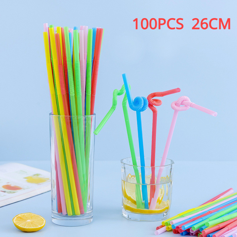 100PCS 26CM Disposable Bendable Plastic Straw Juice Drinks Milktea ...