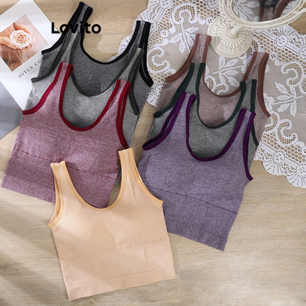 Lovito Sporty Plain Contrast Binding Sports Bra para sa Babae LNL51041 ...
