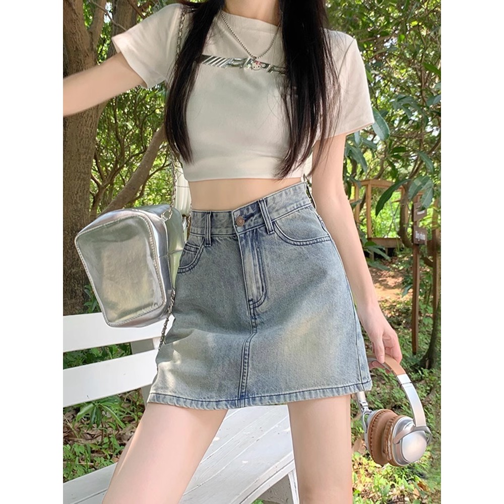 Retro Hot Girl Light-Colored Denim Skirt Women 2025 High Waist Slimmer ...