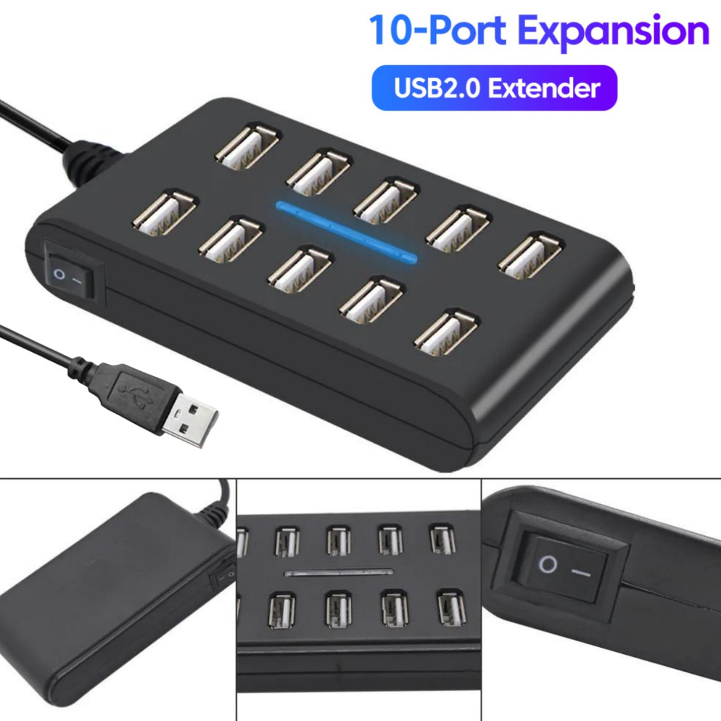 USB 2.0 Hub 10 Port Multiple Expander USB Hub 2.0 With switch Portable ...