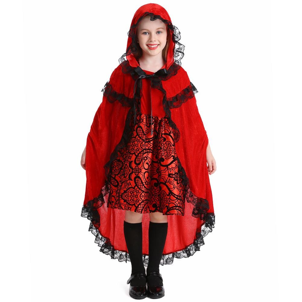 Kids Girls Little Red Riding Hood Dress Cloak Set Cosplay Costumes ...
