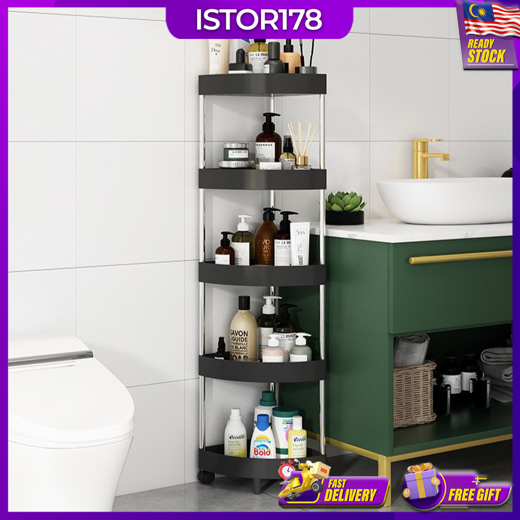 ISTOR 3/5 LAYER BATHROOM RACK WITH WHEEL CORNER SHELF STORAGE TROLLEY ...