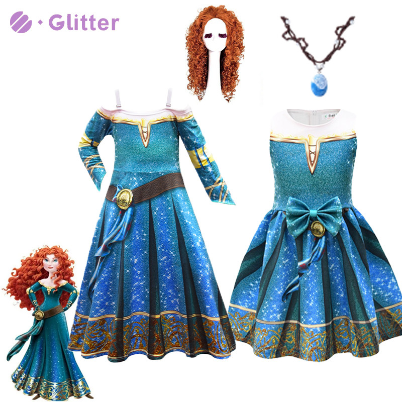 Brave Merida Cosplay Costume for Kids Girl Summer Dark Green Princess ...