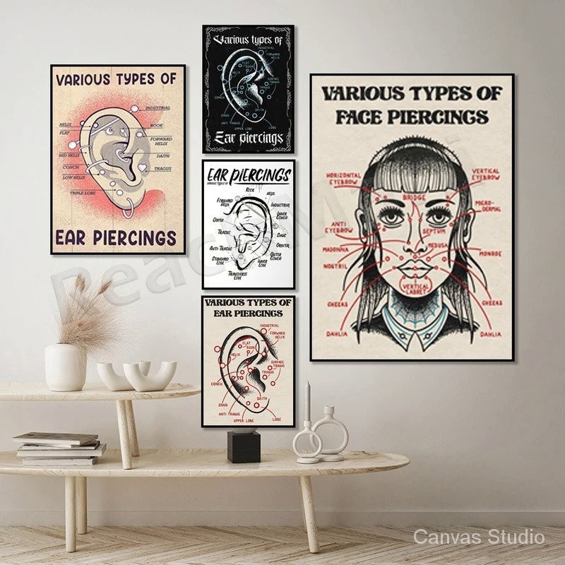 Various types of facial piercing, ear piercing, piercing poster ...