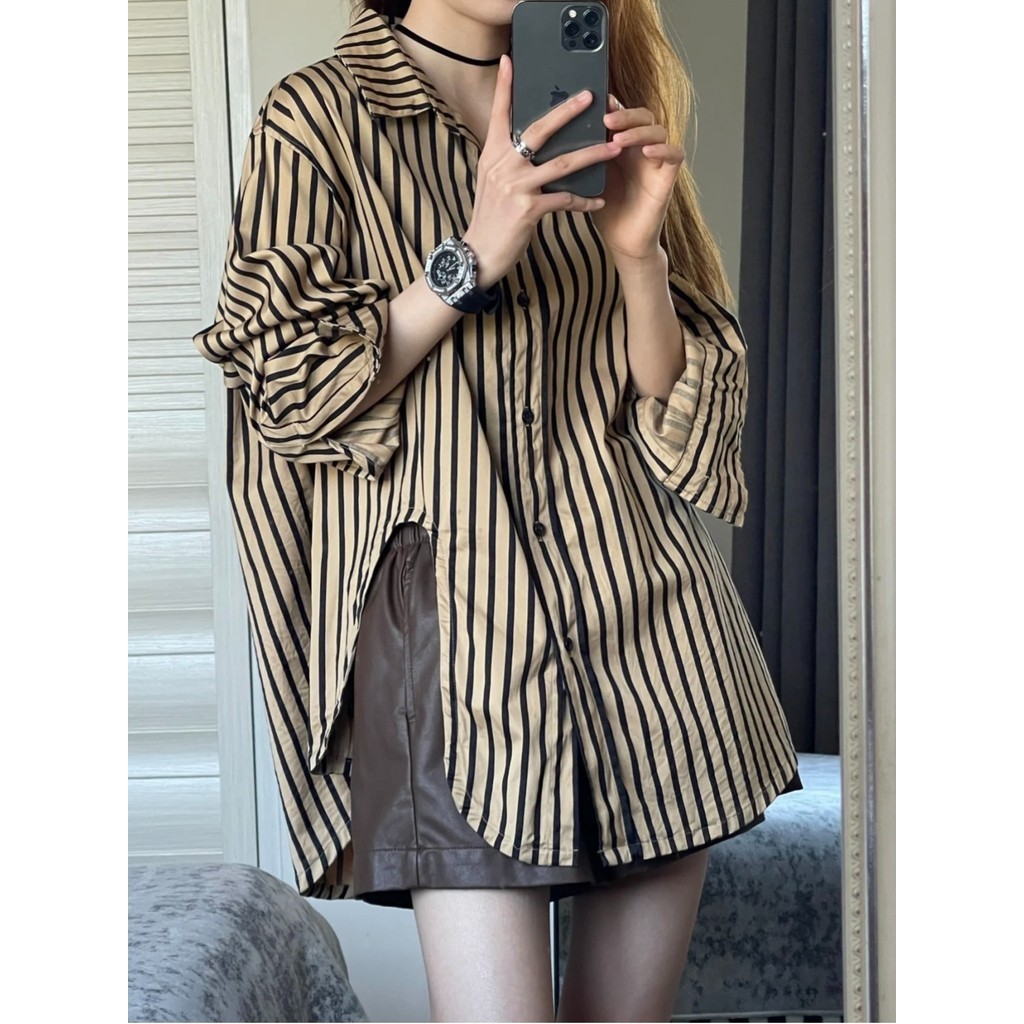 High-end Striped Slit Shirt Women Loose Shirt Top | Shopee Philippines
