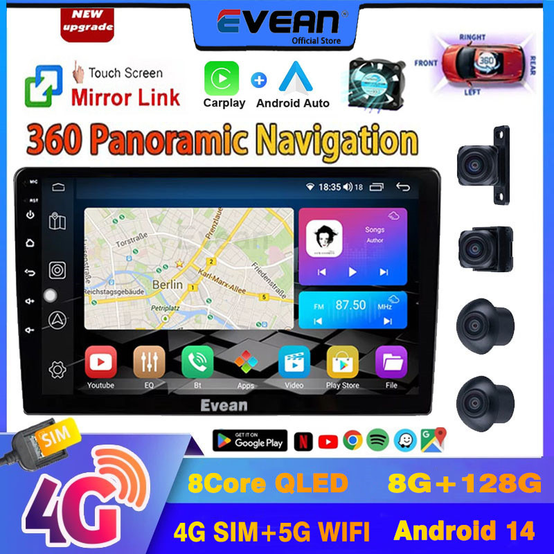 [8Core 4G SIM Cooling Fan] Evean 9"/10.1" 2din Octa Core Car Stereo 4G 360 Panoramic Car Android ...