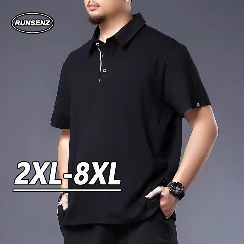 XXL-8XL Korean Style Business Polo Shirt Men Basic Plain Casual Loose Short Sleeve Plus Size Top ...