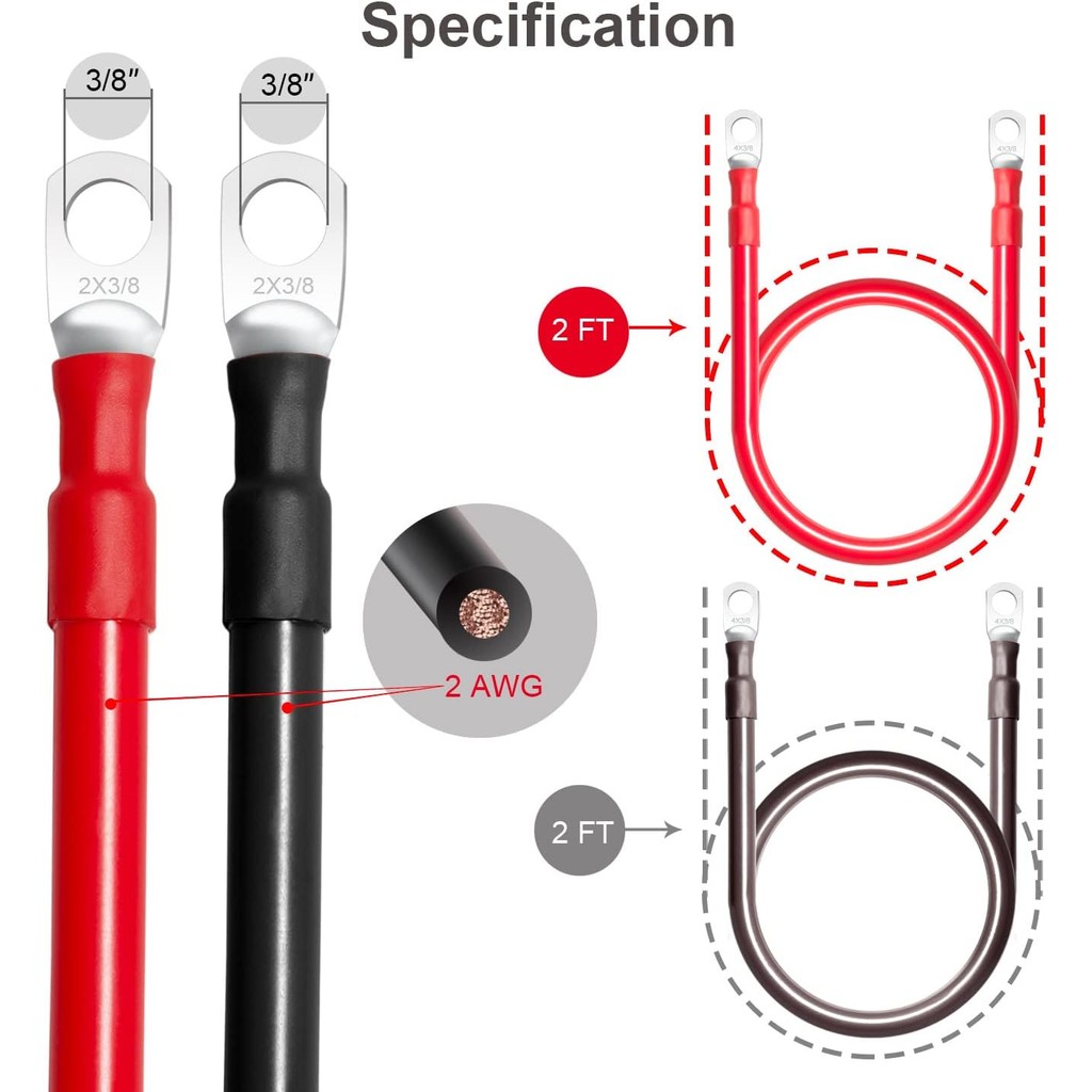 MILAPEAK 2 AWG Battery Cables, 2 Feet 2 Gauge Marine Battery Inverter ...