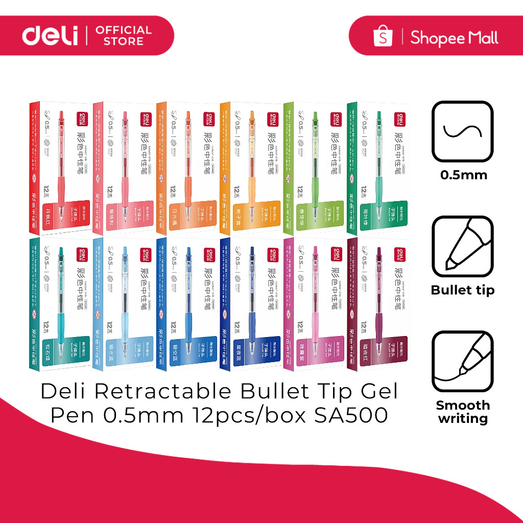 Deli SA500 Retractable Bullet Tip Gel Pen 0.5mm 12pcs/box | Shopee ...