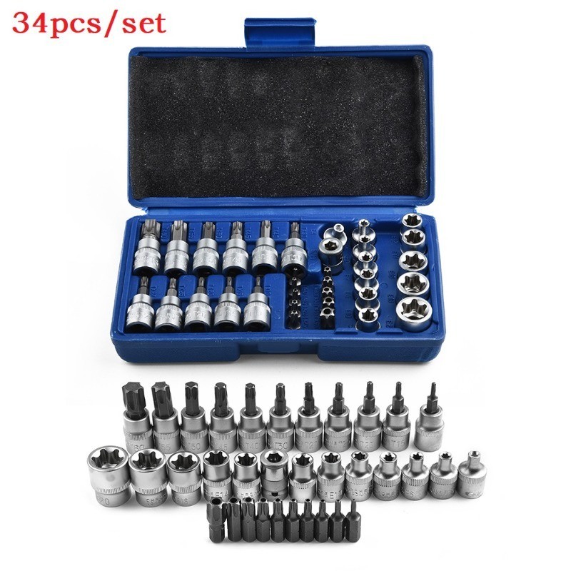 34PCS E type & Torx Pressure Batch Group Sets Sleeve Head Machine Motor ...