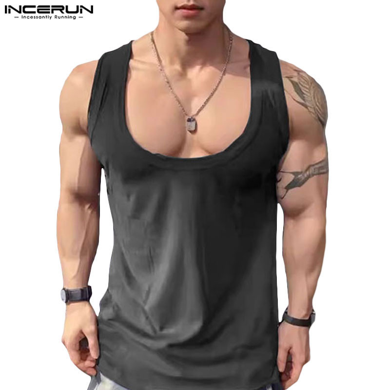 INCERUN Men Korean Solid Color U-Shaped Sleeveless Fashionable Tanks ...