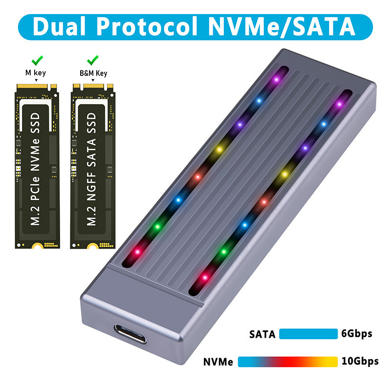 Dual Protocol SSD Case NVME M.2 SATA SSD Enclosure RGB LED USB C 3.2 Gen2 NVMe NGFF 10G PCIe M2 ...
