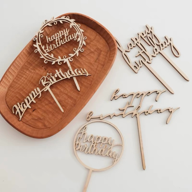 Forest style minimalist wooden plugin English Happy Birthday Cake ...