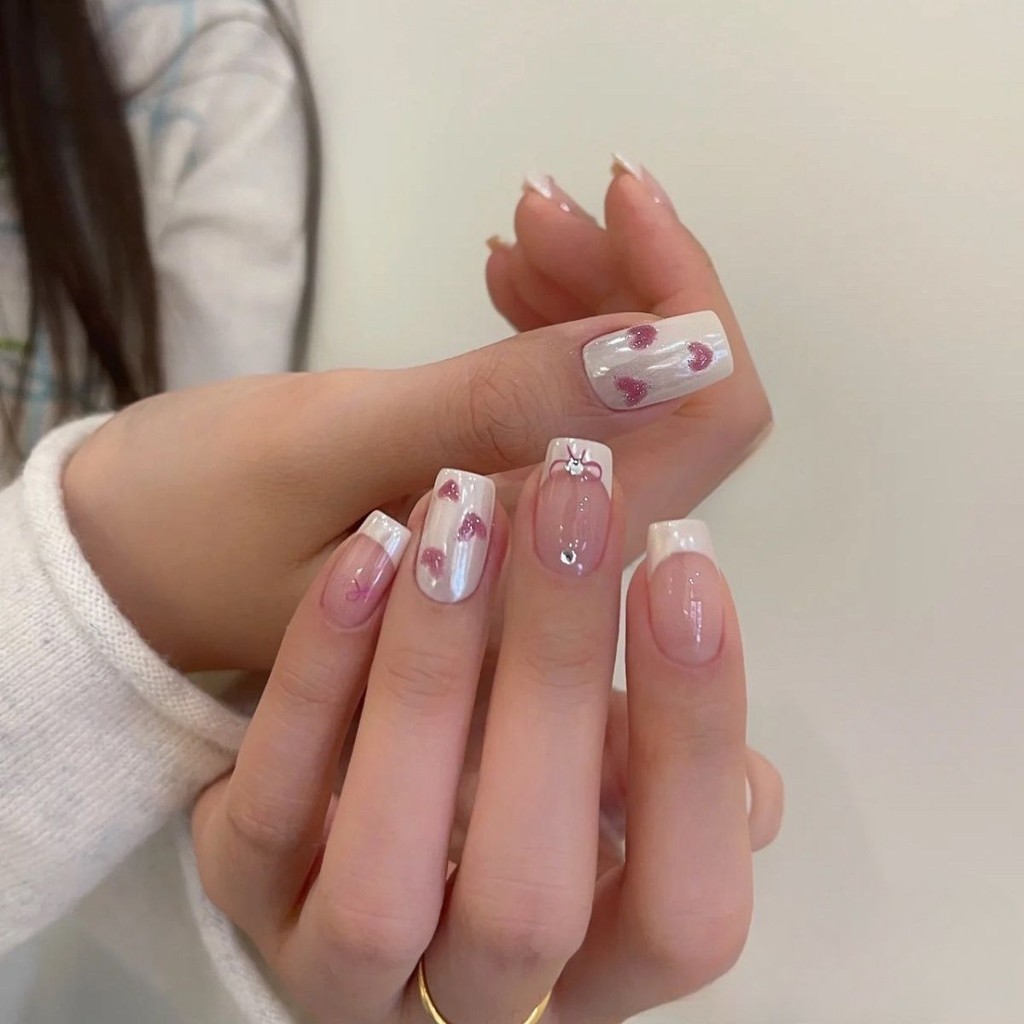 Pure Hand-Weared Nails Love Heart Bow Sweet Cool Style French Style ...