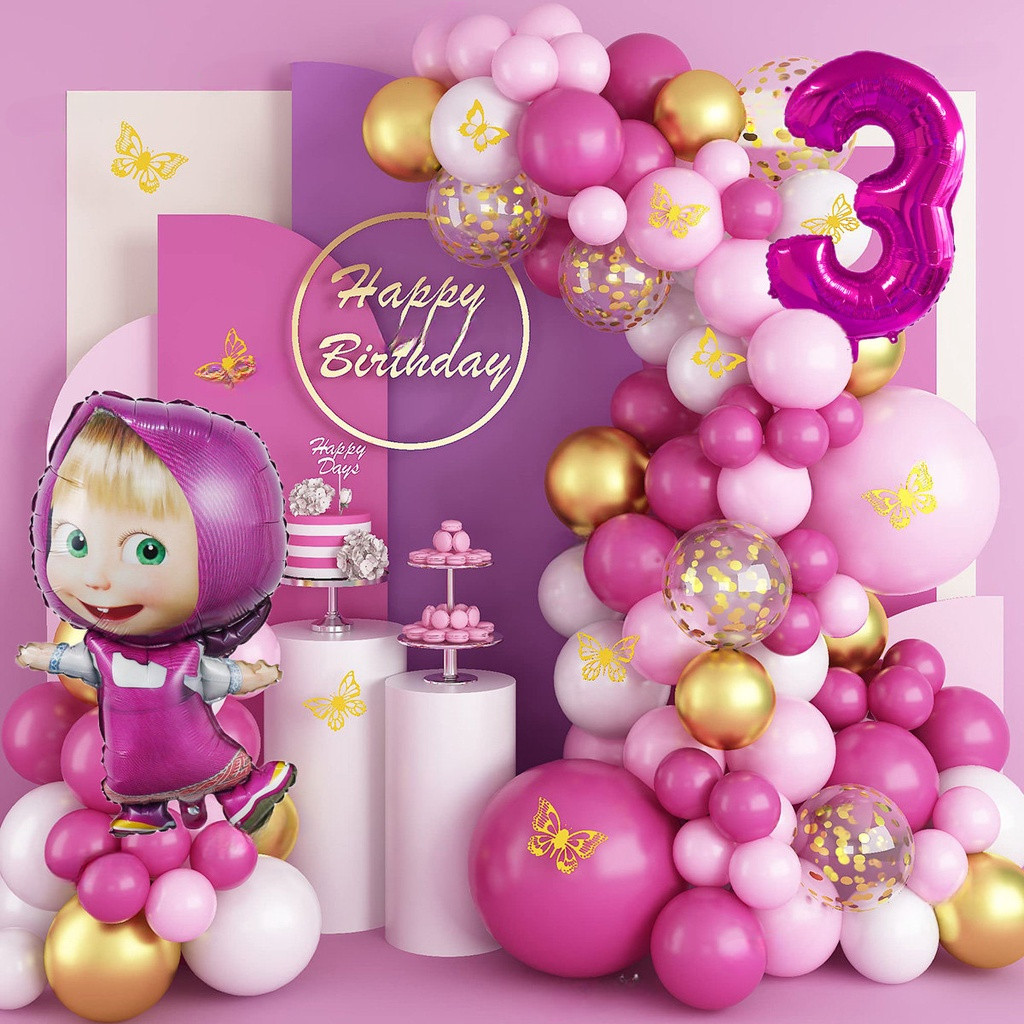 88pcs Masha and The Bear Theme Party Hot Pink White Golden Balloon ...
