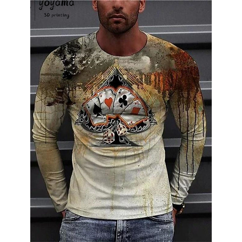 Poker Print Men's Clothing Fashion Men's Long Sleeve T-shirt Casual T ...