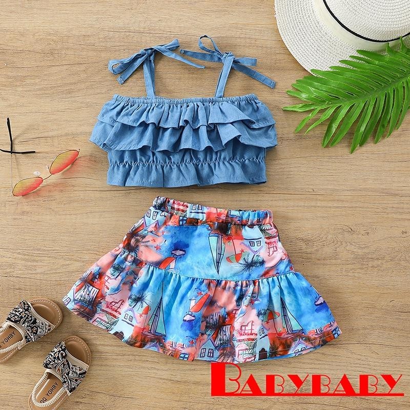 Bab-Kids Girl Tie Straps Layered Ruffle Camisole and Elastic 3D Print ...