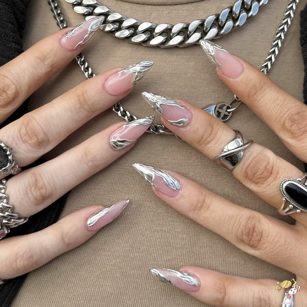 Sliver Edge Long French Nails Tips Sweet & Charming Reusable Press On ...