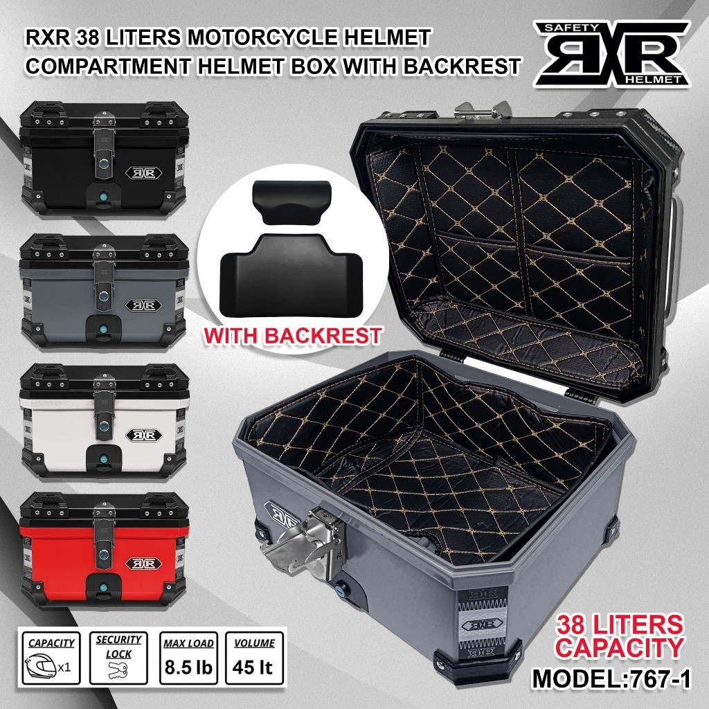 RXR 38L Liters HARD PLASTIK TOP BOX with Backrest Motorcycle ...