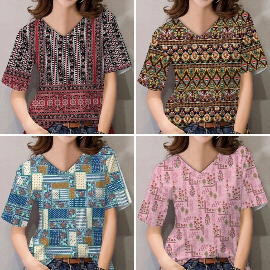 Asean Attire For Women Bohemian V-Neck T-Shirt For Women Retro Ethnic ...