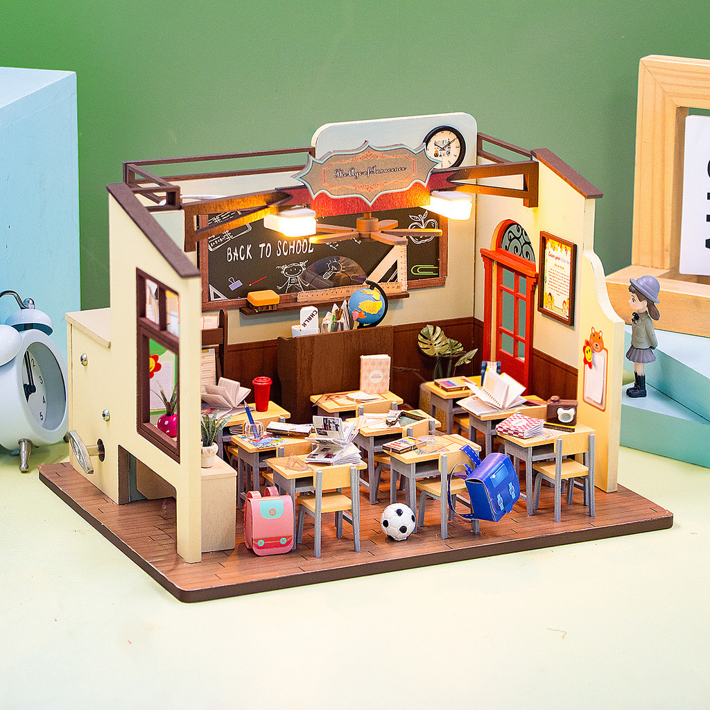 HEO~ DIY Handmade Classroom Miniature Model Doll House Mini 3D Wooden ...