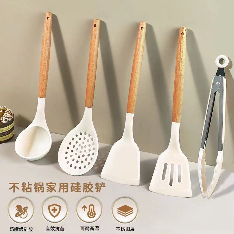 White Silicone Kitchenware Cooking Utensils Set Wooden Handle Non-Stick ...