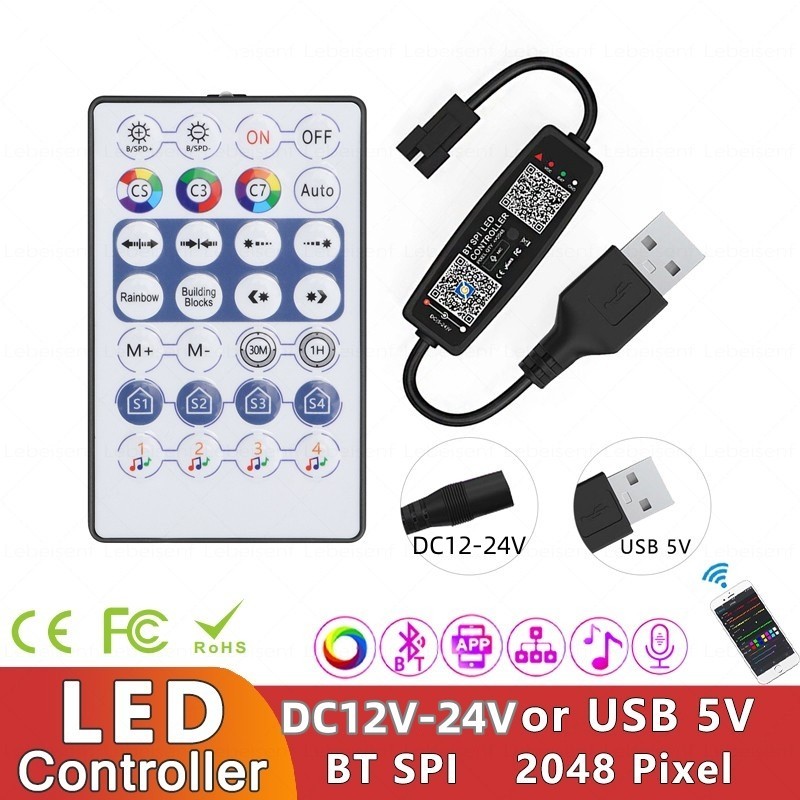 DC12V-24V DC Plug and 5V USB SPI WS2812B Controller Bluetooth Music APP Control for Pixel LED ...
