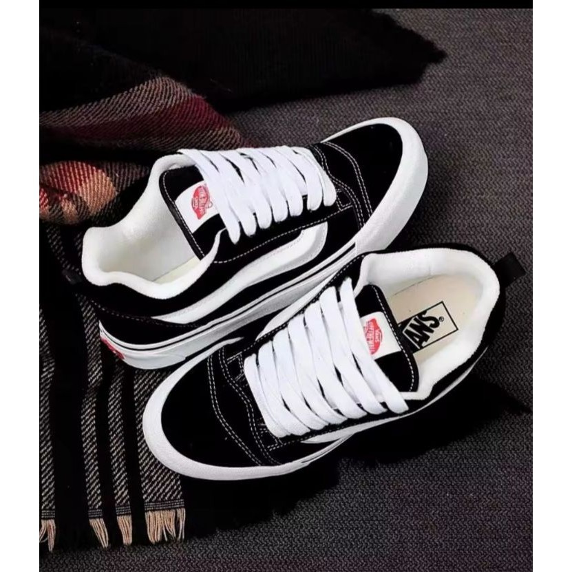 (FREE Box+kaos KAKI) Vans Knu Skool Kets Black and White Sneakers for ...