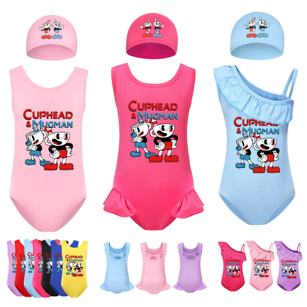 Cuphead Kids Girl Swimsuit Children's Cartoon Swimwear with CAP ...