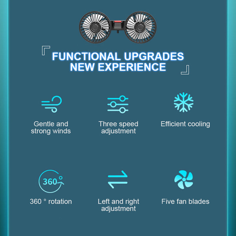Car Rear Fan 360 Degrees Adjusted Double-headed USB Fans 3 Speeds Wind ...
