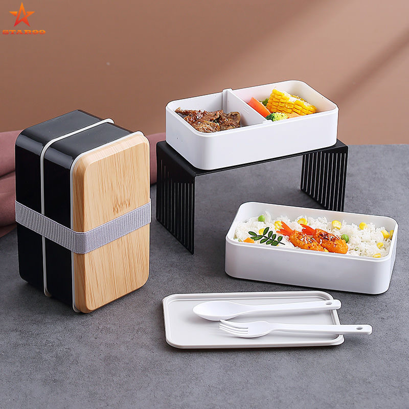 Student lunch box bamboo lid single and double layer lunch box with ...