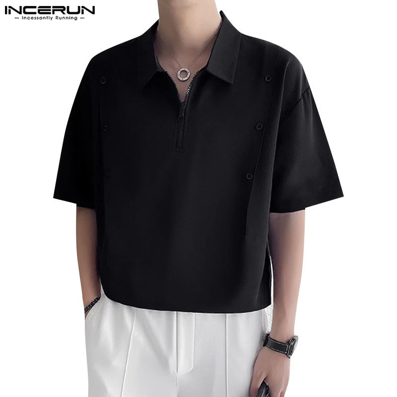 INCERUN Men Korean Solid Color Turn Down Collar Casual Short Sleeve ...