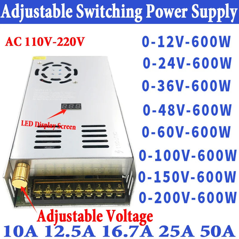 600W DC Power Supply AC 110V 220V Adjustable TO DC 0- 12V 24V 36V 48V 60V 100V 150V 200V Power ...