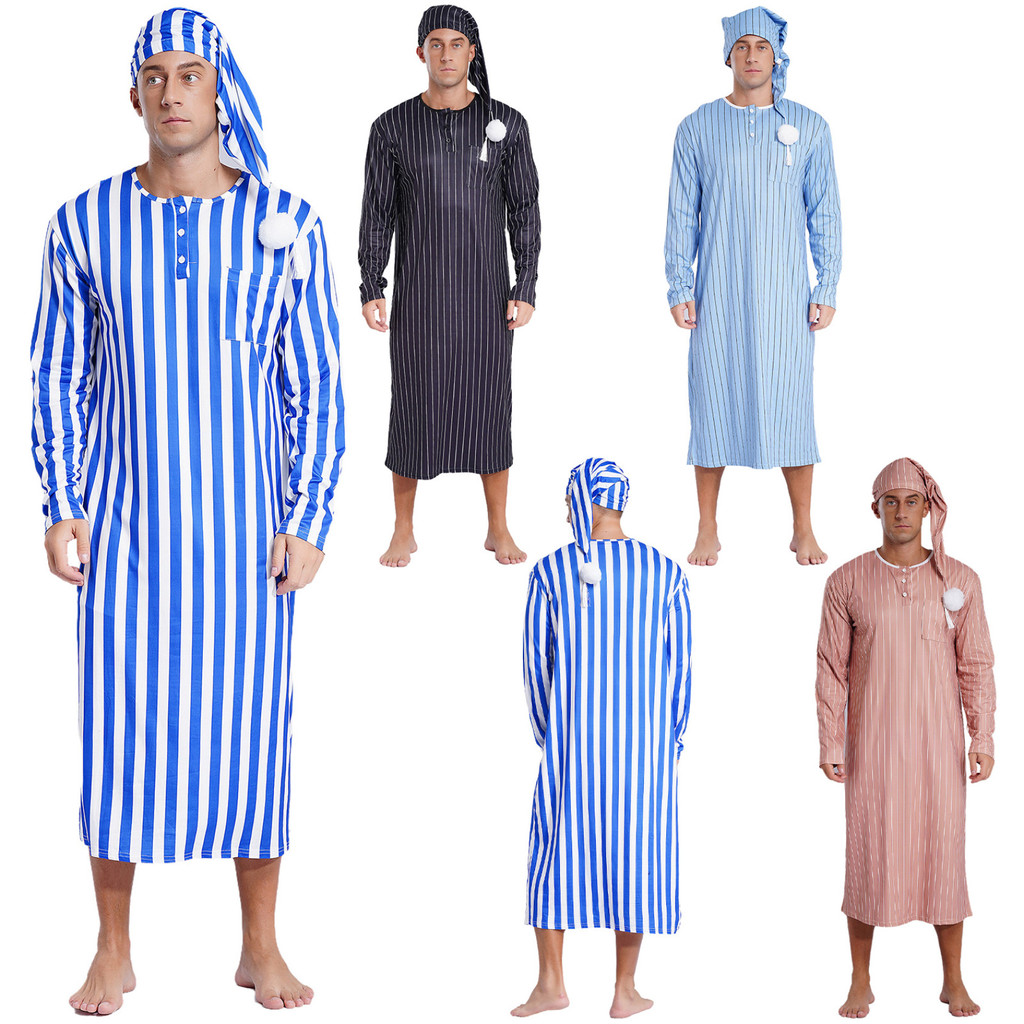 Jhaoyu Mens Striped Sleep Robe with Hat Long Sleeve Long Robe and ...