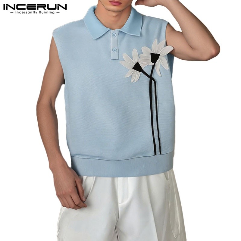 INCERUN Men Korean Fashion Lapel 3D Floral Decorate Half-Button ...