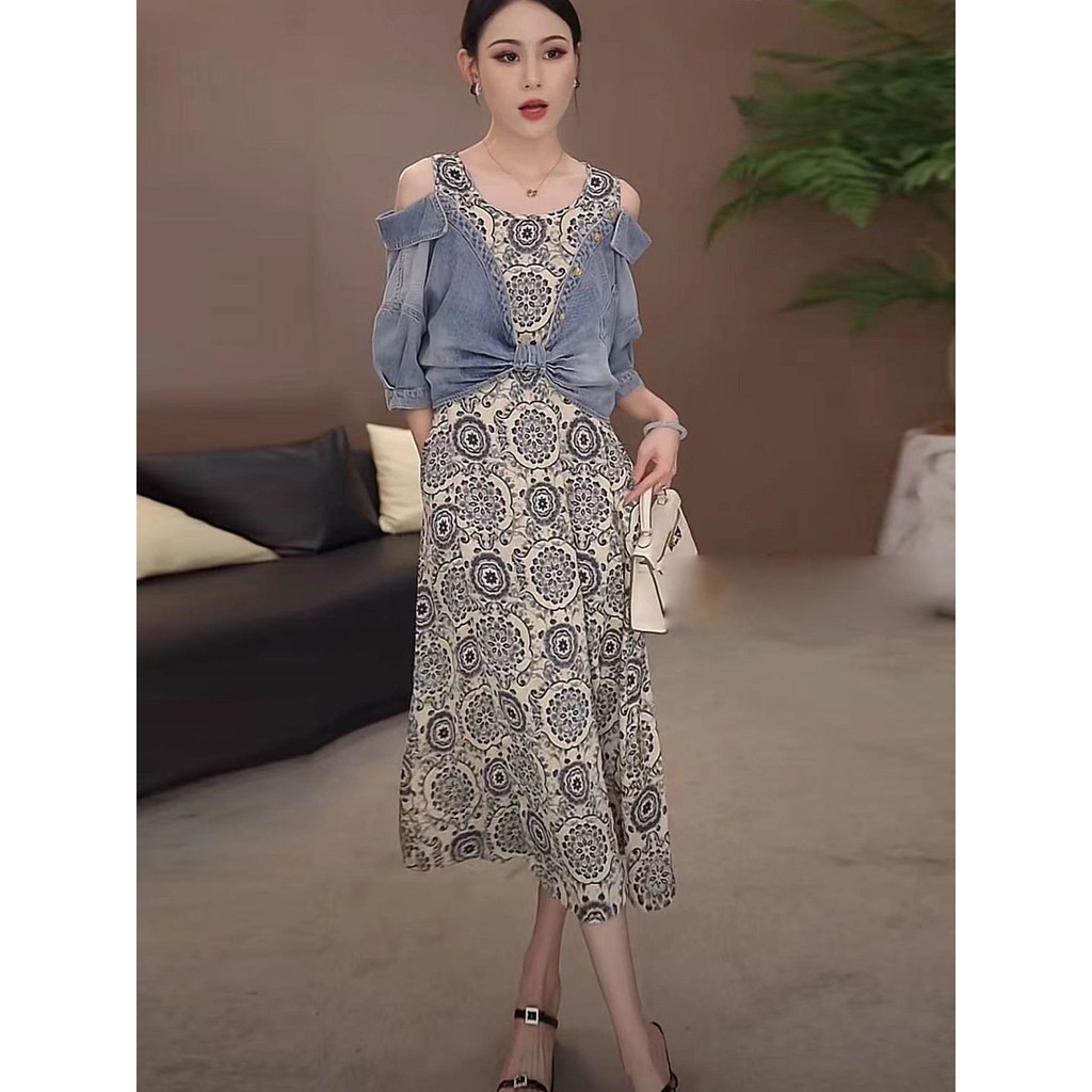 Designer Heavy Industry Floral Denim Stitching Fake Two-Piece Dress 2024 Summer Commuter Narrow ...