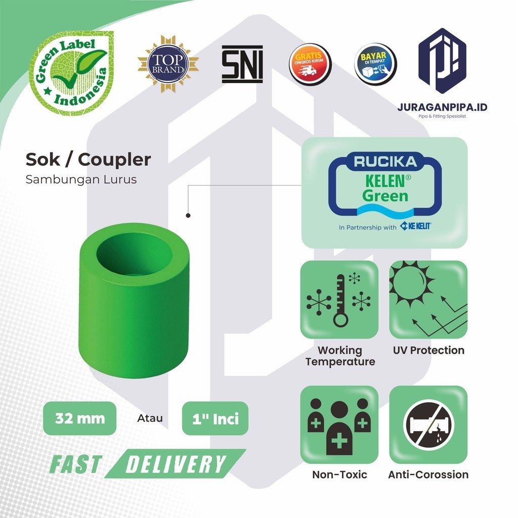 32 mm PPR Coupler / 1" Inch Socket Socket PPR Rucika Kelen Green ...