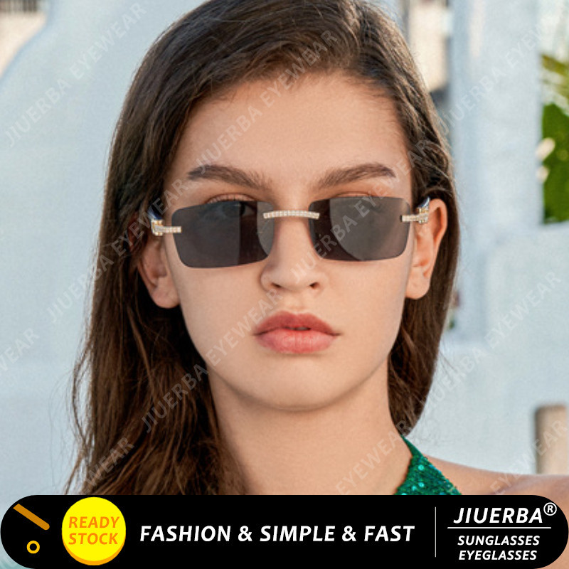 (JIUERBA) Metal Rimless Rectangular Diamond Sunglasses for Women ...